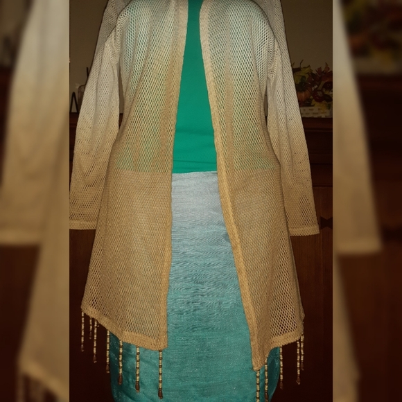 Reba | Sweaters | Reba Crochet Fringe Open Front Cardiganwood Beads ...